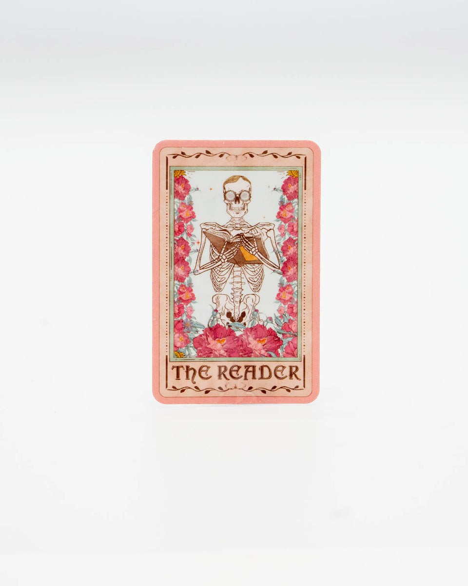 The Reader Tarot Card – Skeleton Book Lover Die Cut Sticker – Rebel Romance
